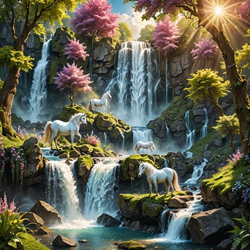 A magical waterfall with unicorns and magical creatures - AI Generated ...