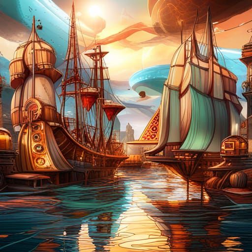 A colorful high fantasy art deco steampunk port serving both large ...