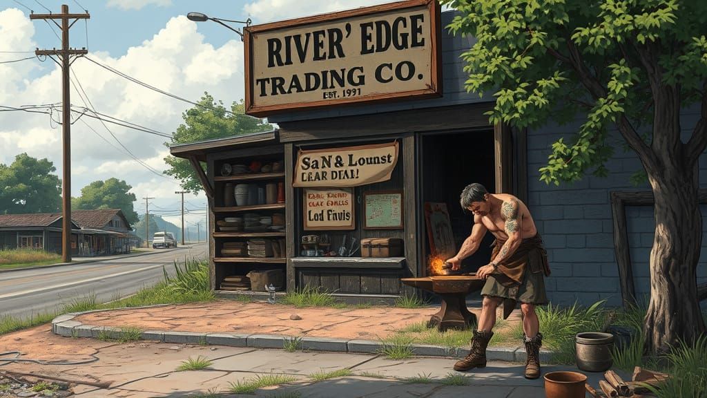 Post-Apocalyptic Salem Riverfront Trading Co. in C... - AI Art