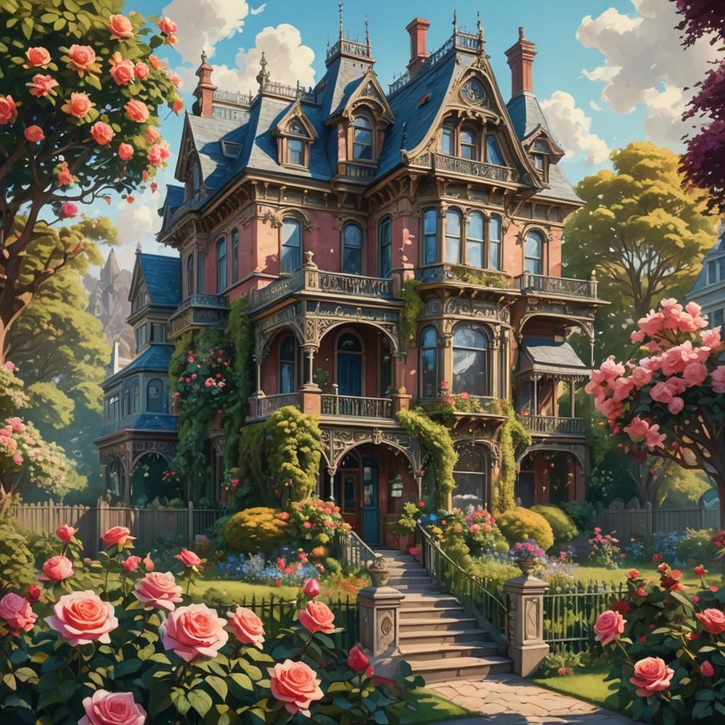 Victorian House with Rose Garden - AI Generated Artwork - NightCafe Creator