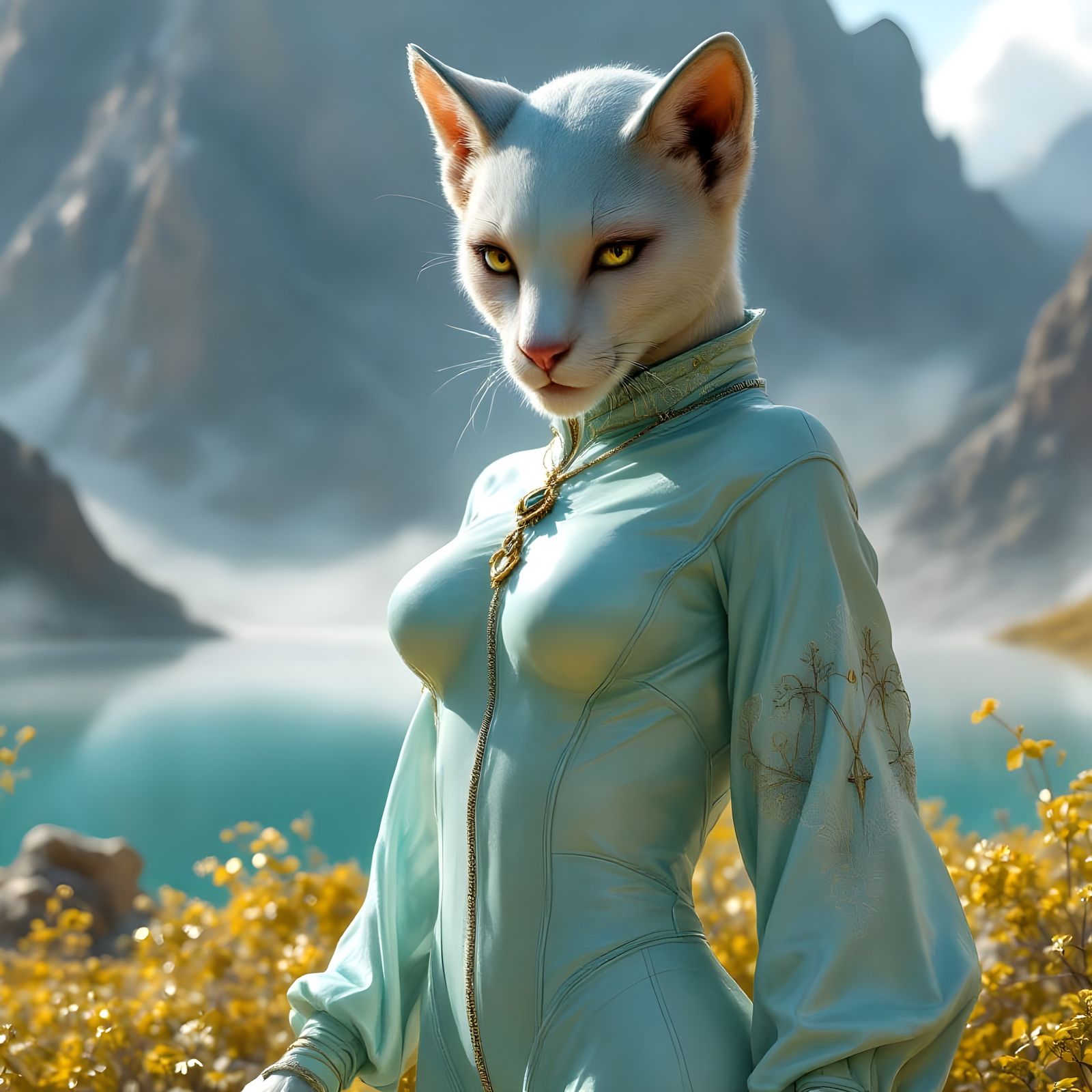 Detailed photo of a beautiful young anthropomorphic puma woman, well ...