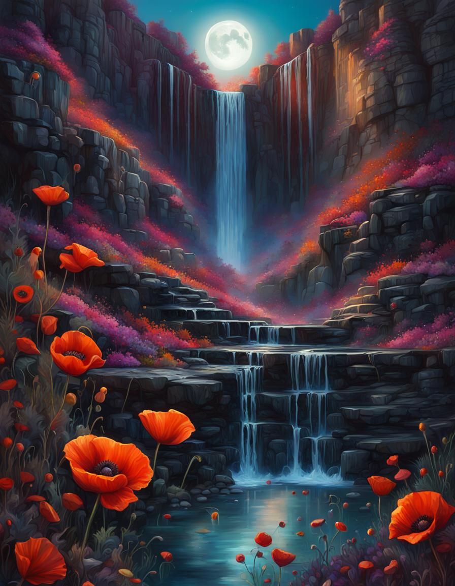 twilight waterfall shimmering reflecting off obsidian stone cliffs ...