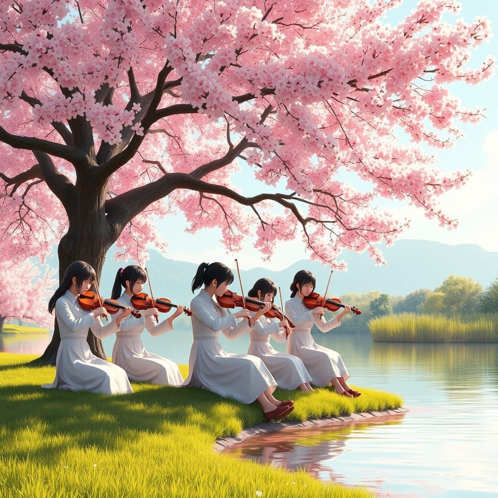 By the water's edge - Majestic Sakura Tree in Bloom with Se...