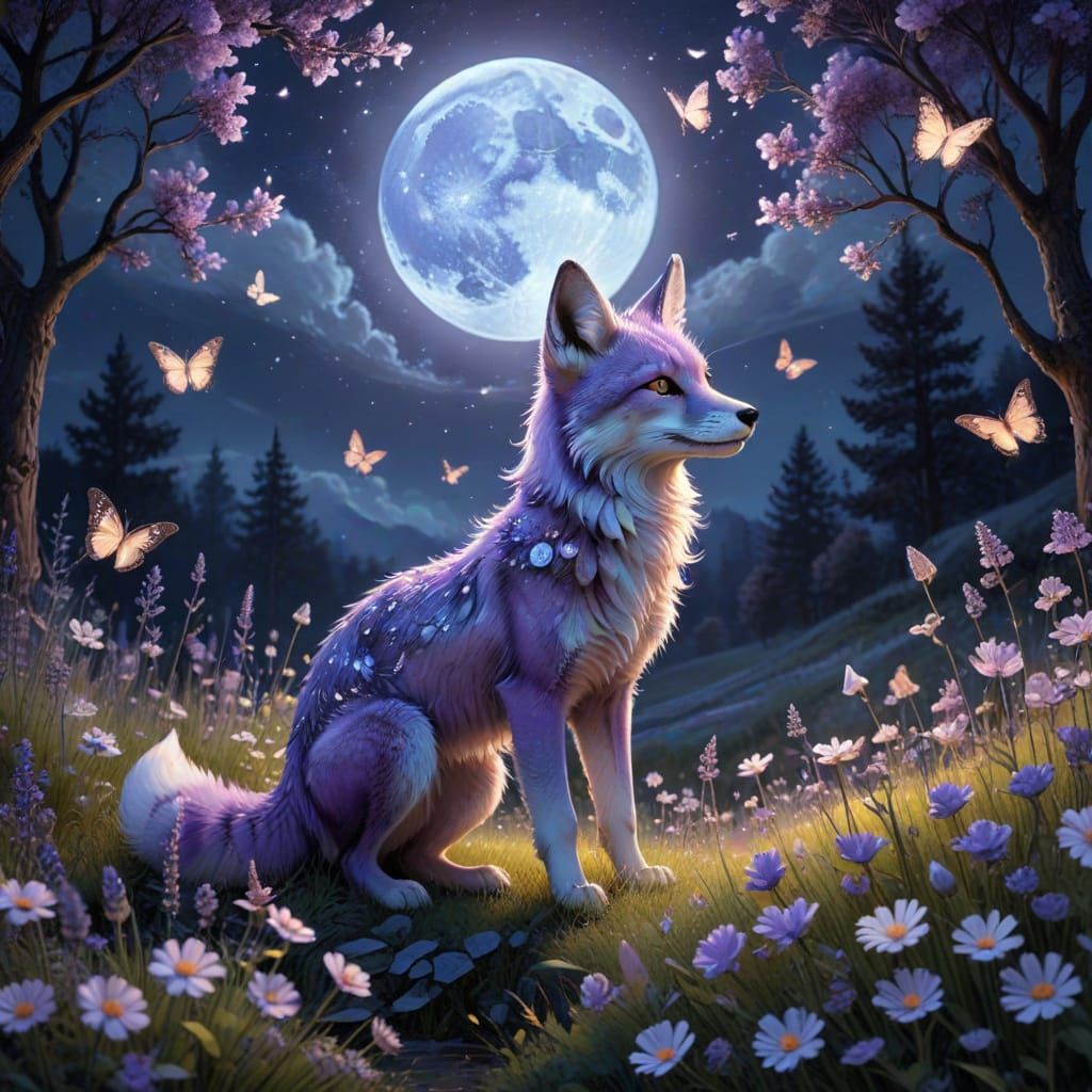 Lavender Fox in Dreamy Moonlit Meadow - AI Art