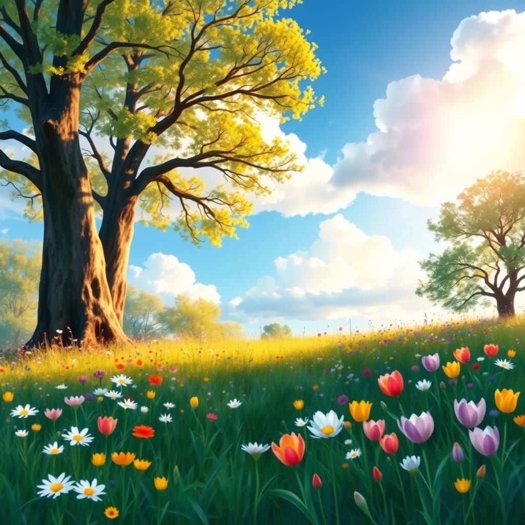 Whimsical Spring Landscape with Wildflowers and To... - AI Art