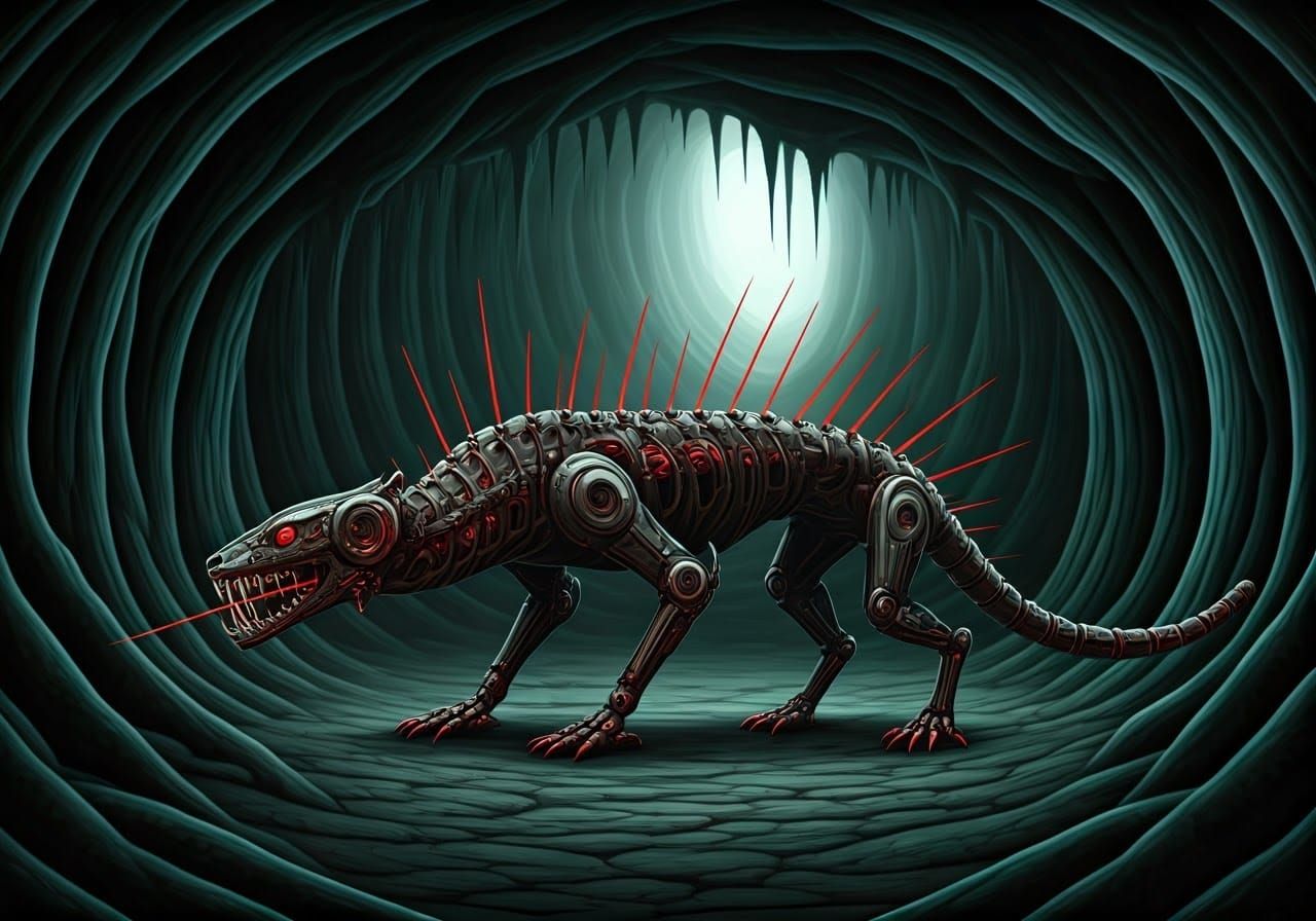 Mechanical Panther-Lizard Hybrid in Dark, Haunting... - AI Art