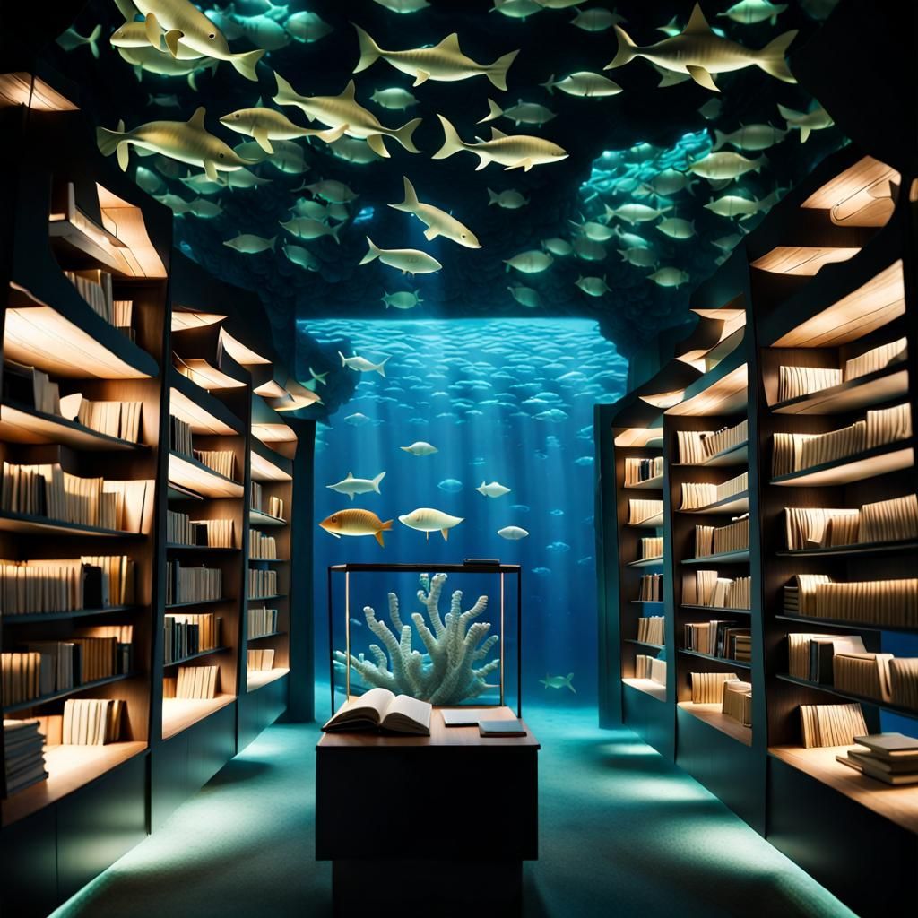 Surreal Underwater Library": An otherworldly library set in the depths ...