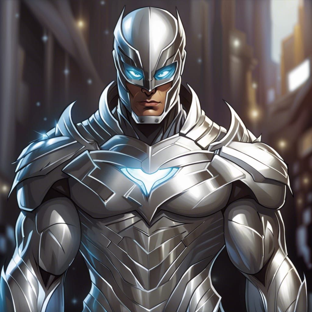 Silver armor, high tech, superhero, male, buff, sleek, open face, - AI ...