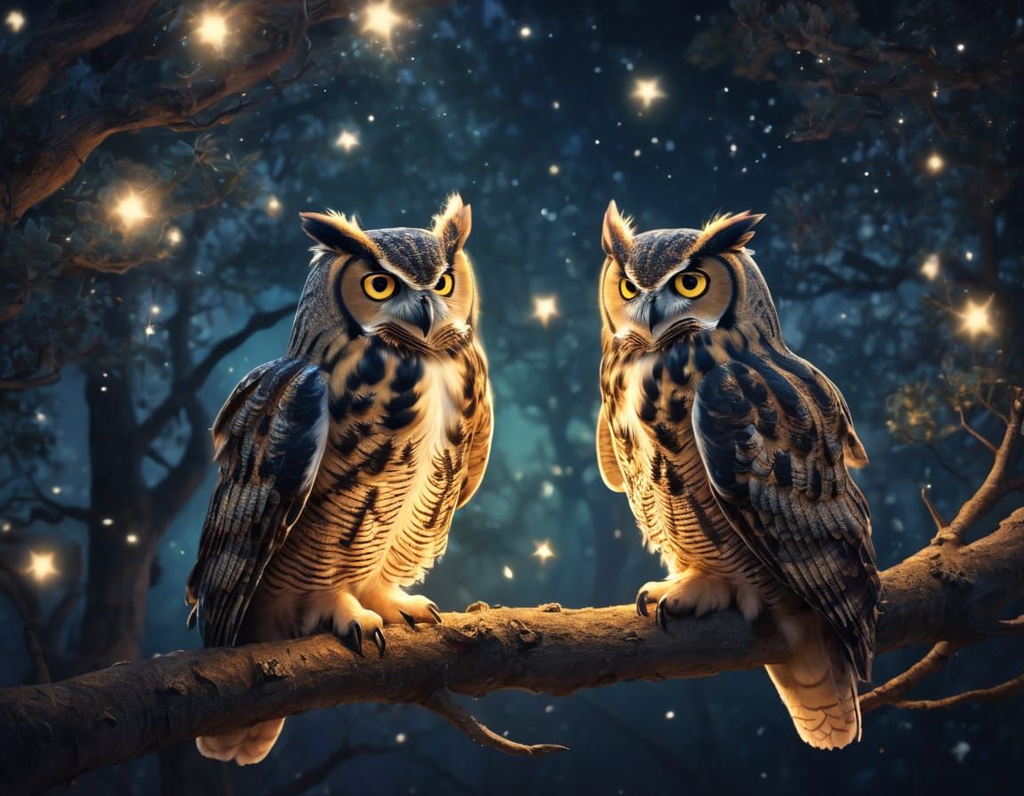 Mystical Owls Perch on an Enchanted Tree Branch in... - AI Art