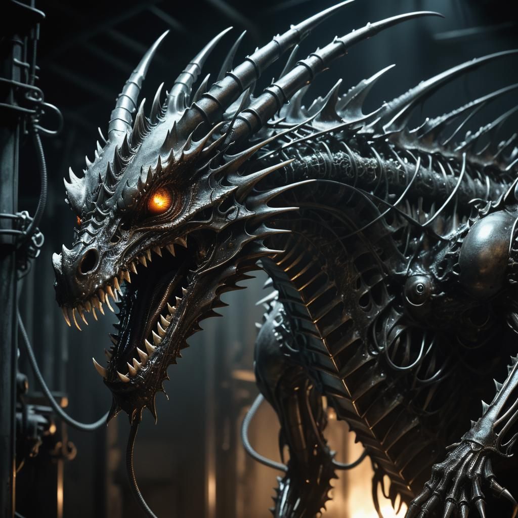 Biomechanical dragon - Cyberpunk Horror Dragon Rises from th...