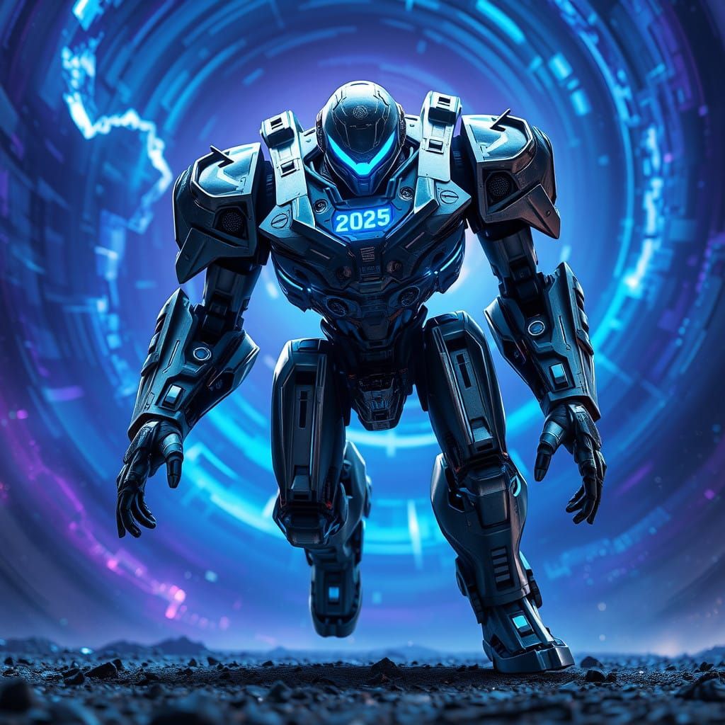 A mech warrior flying through a dimensional rift that has 2025.