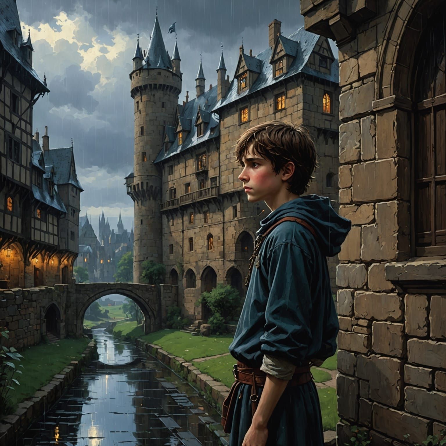 Sorrow - A Young Boy Contemplates the Rainy Castle Scene in ...