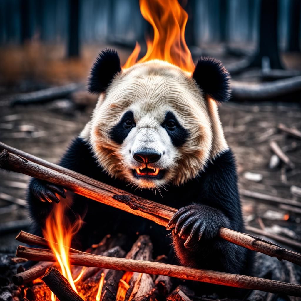 A roosted dead panda head on a stick over a campfire. - AI Generated ...