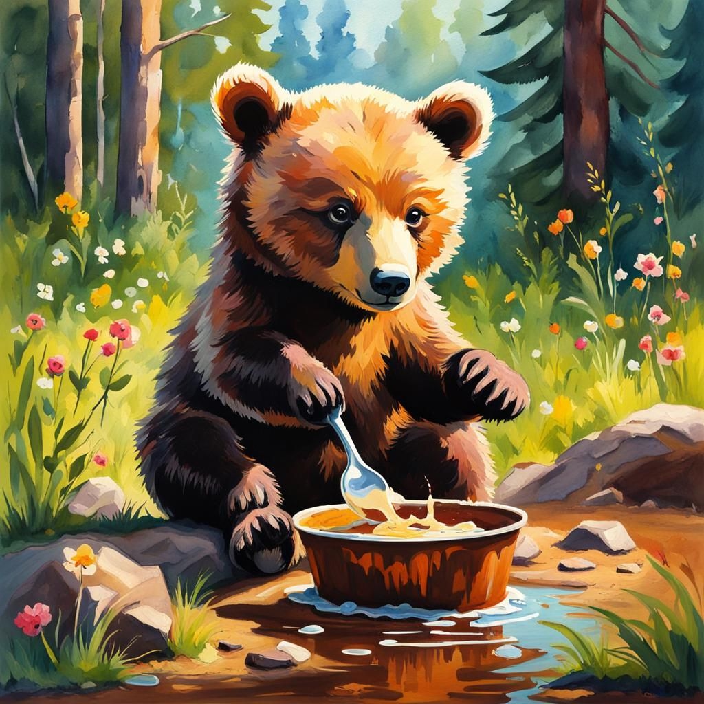A bear cub making a mud pie. Cartoon style - AI Generated Artwork ...