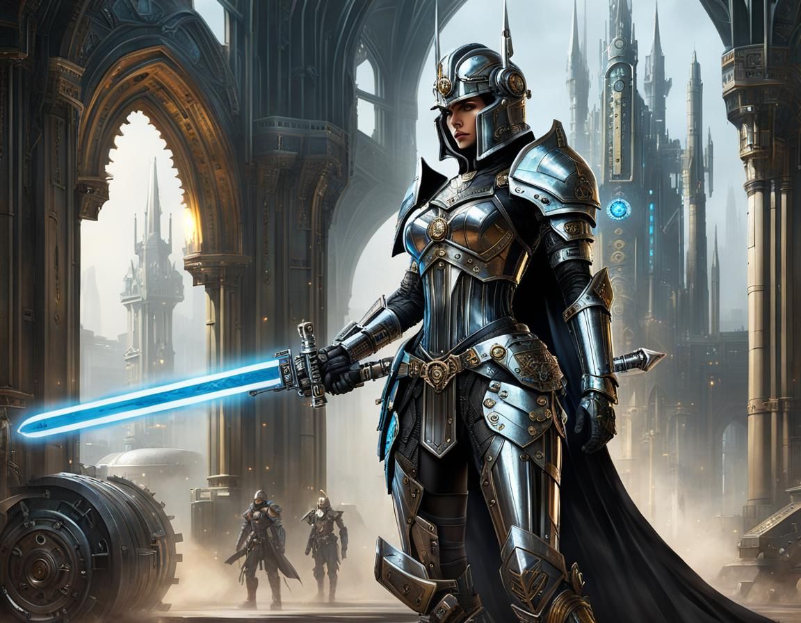 Stoic Cyberpunk Knight Android :: holding her claymore at-the-ready ...