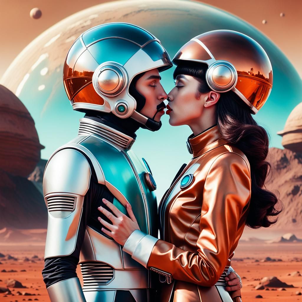Retro-Futuristic Lovers Kiss on Mars: Sci-Fi Poste... - AI Art