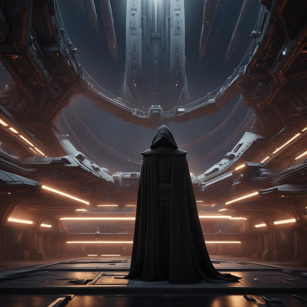 dark jedi, long flowing black robes, standing near a space dock - AI ...