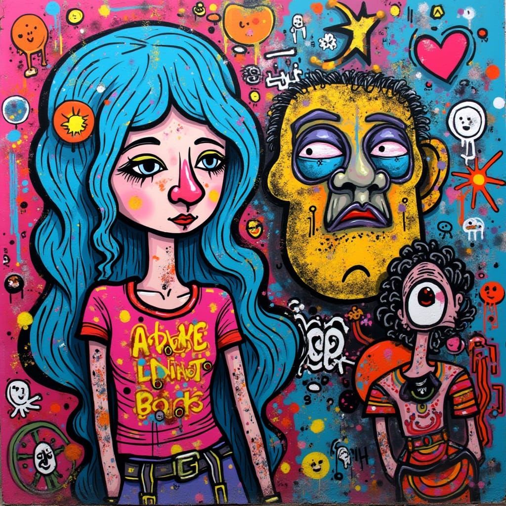 A vibrant, chaotic graffiti wall bursting with abstract shapes, bold ...