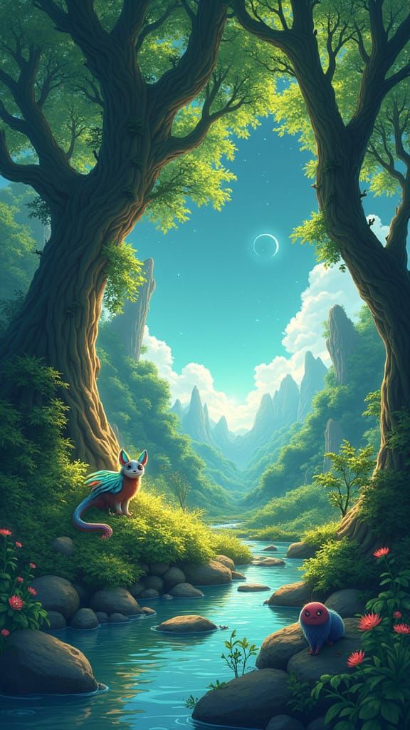 Enchanted Forest Dreamscape in Vibrant Digital Ill... - AI Art