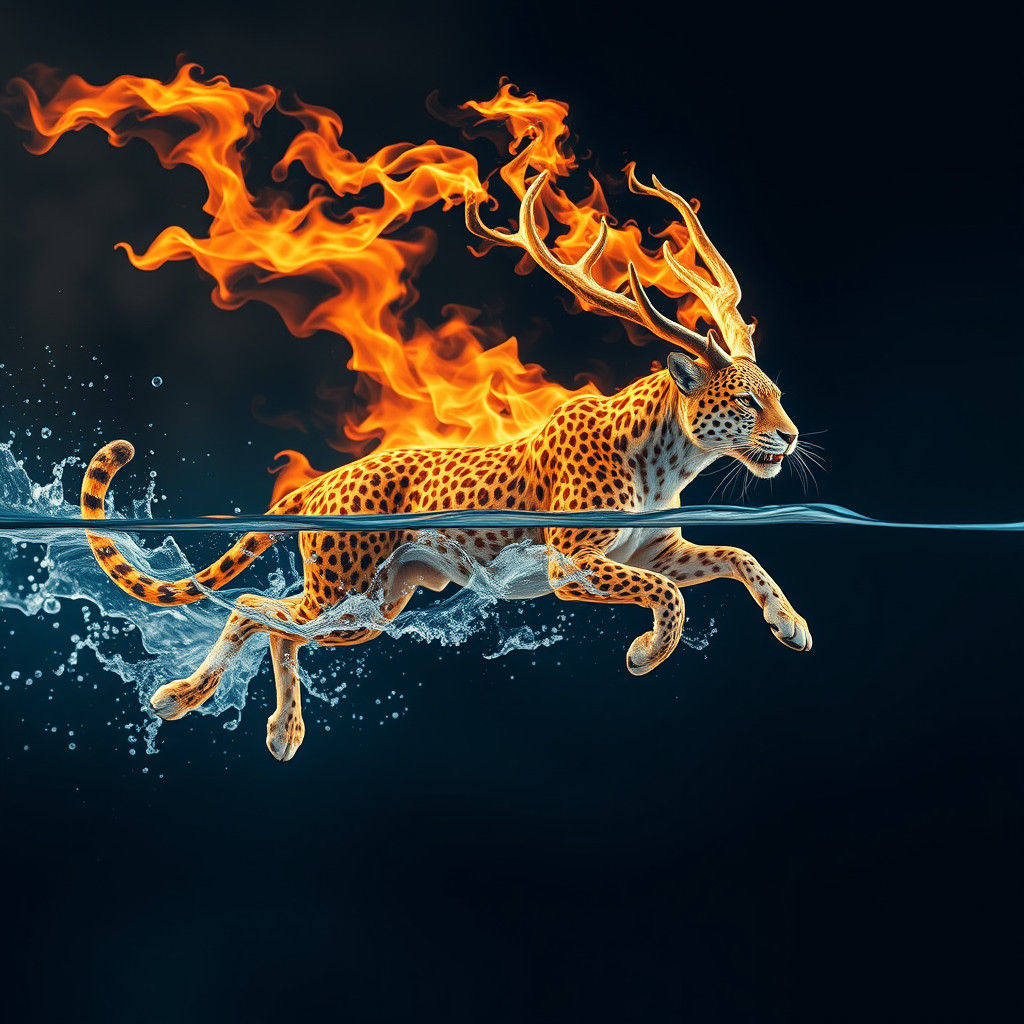 Leopard Antelope - Surreal Flame Leopard Pursues Water Antel...