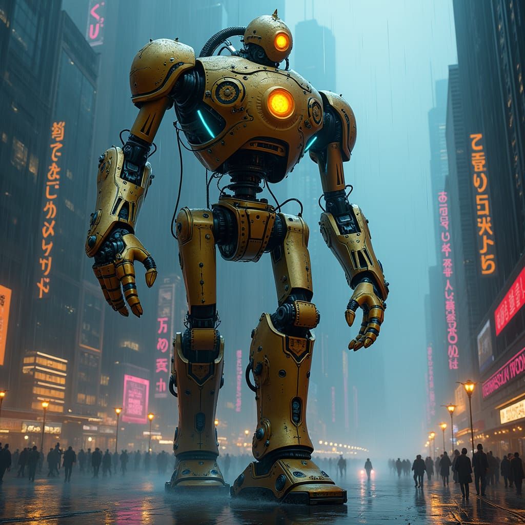 Cyberpunk Automaton Strolls Through Dark Metropoli... - AI Art