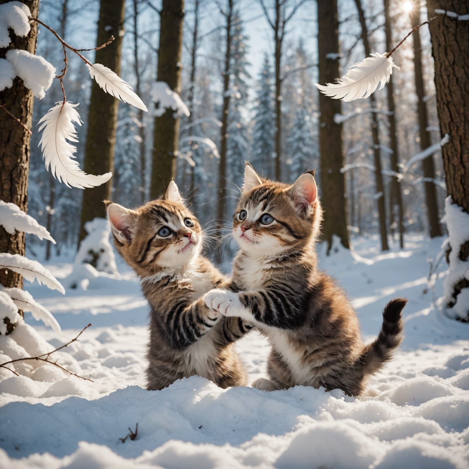 Whimsical Winter: Kittens Play in Snowy Forest - AI Art