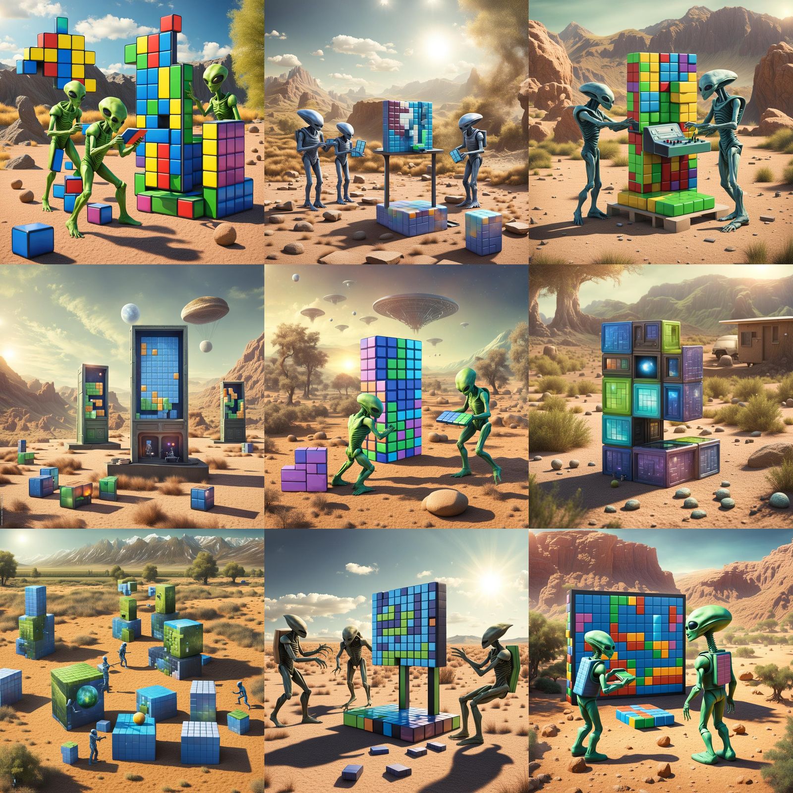 Aliens playing physical Tetris outdoors on an alien planet. Daylight ...