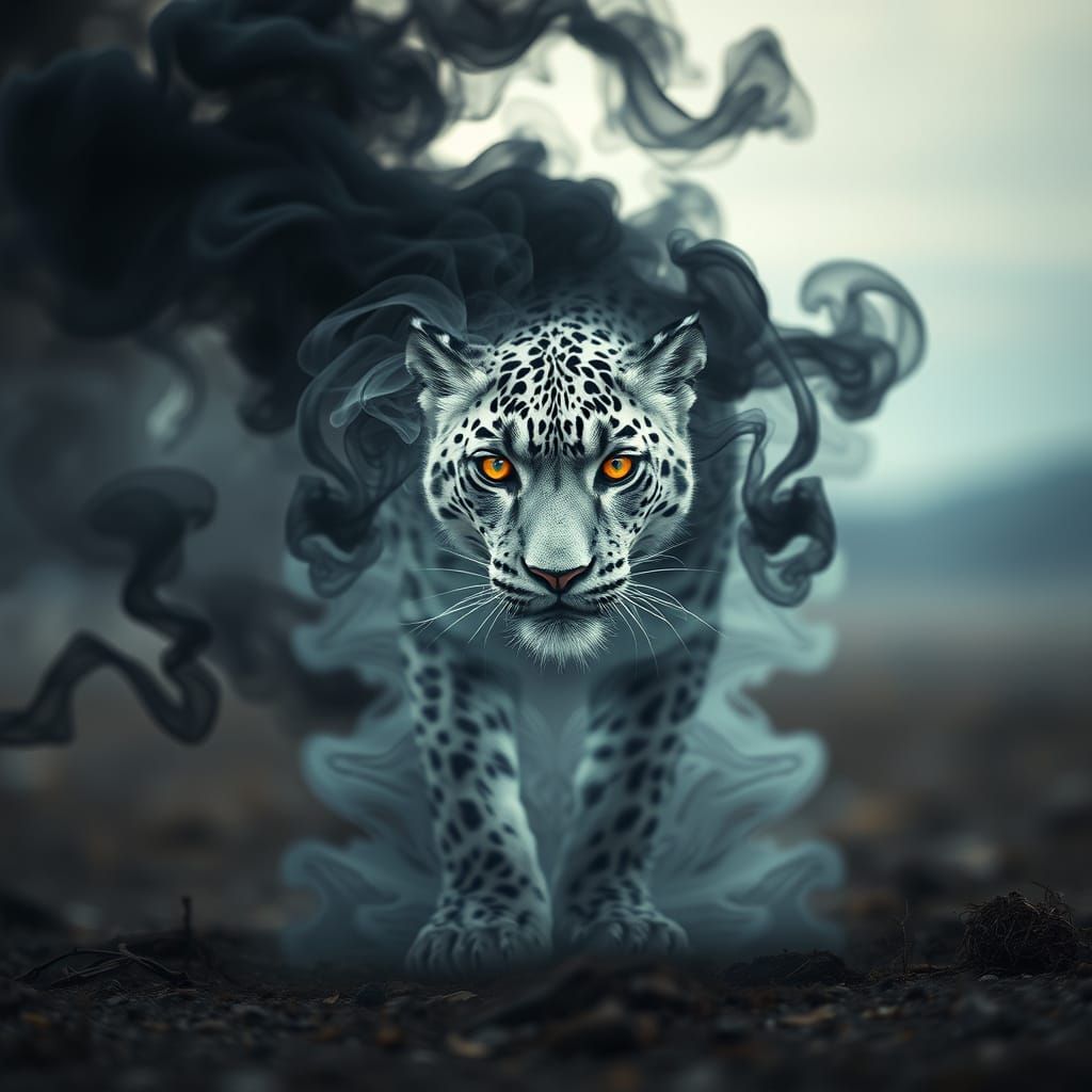 Ethereal Snow Leopard Emerges from Smoke in Eerie ... - AI Art