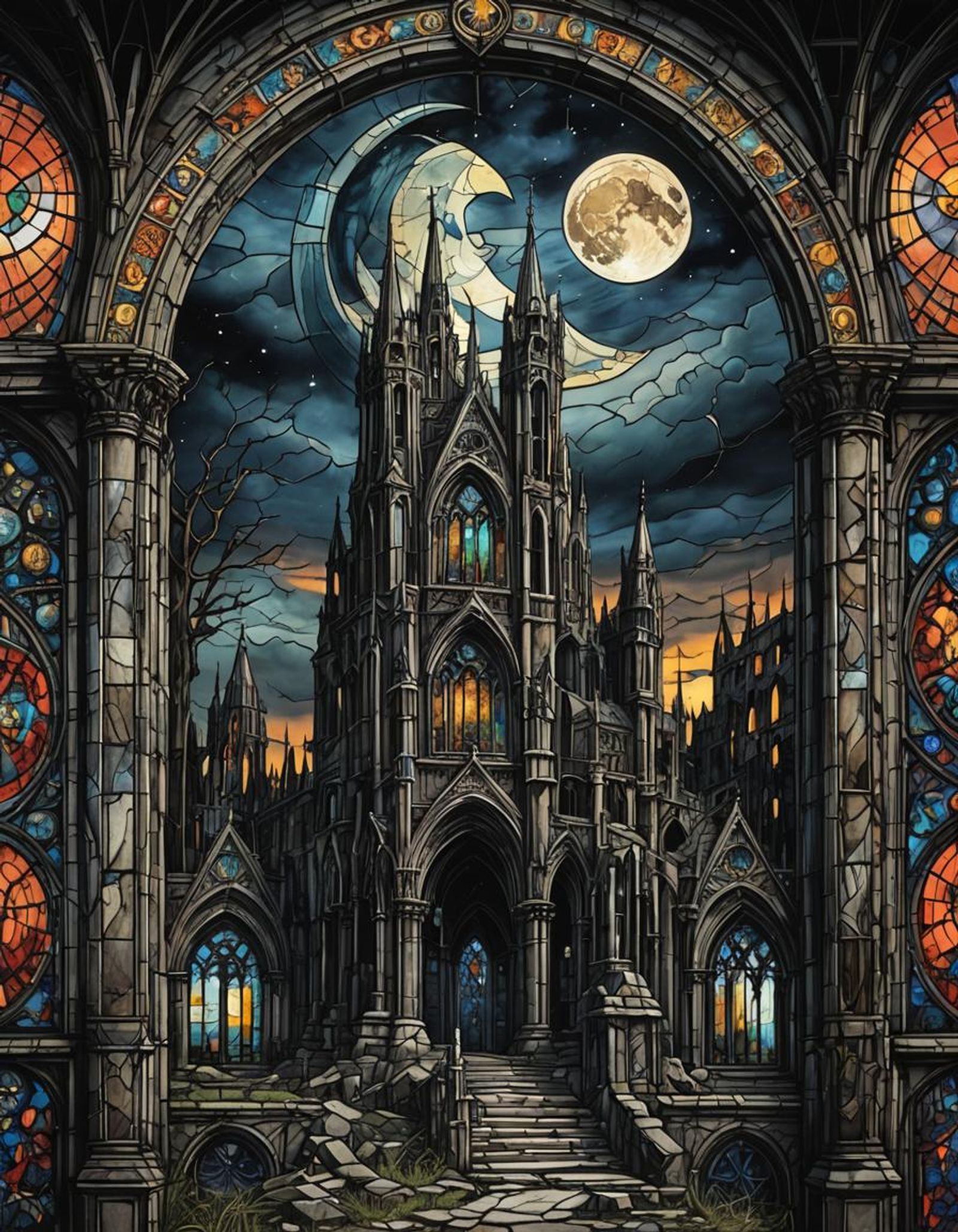 dark gothic moon celestial ruins stained glass - AI Generated Artwork ...