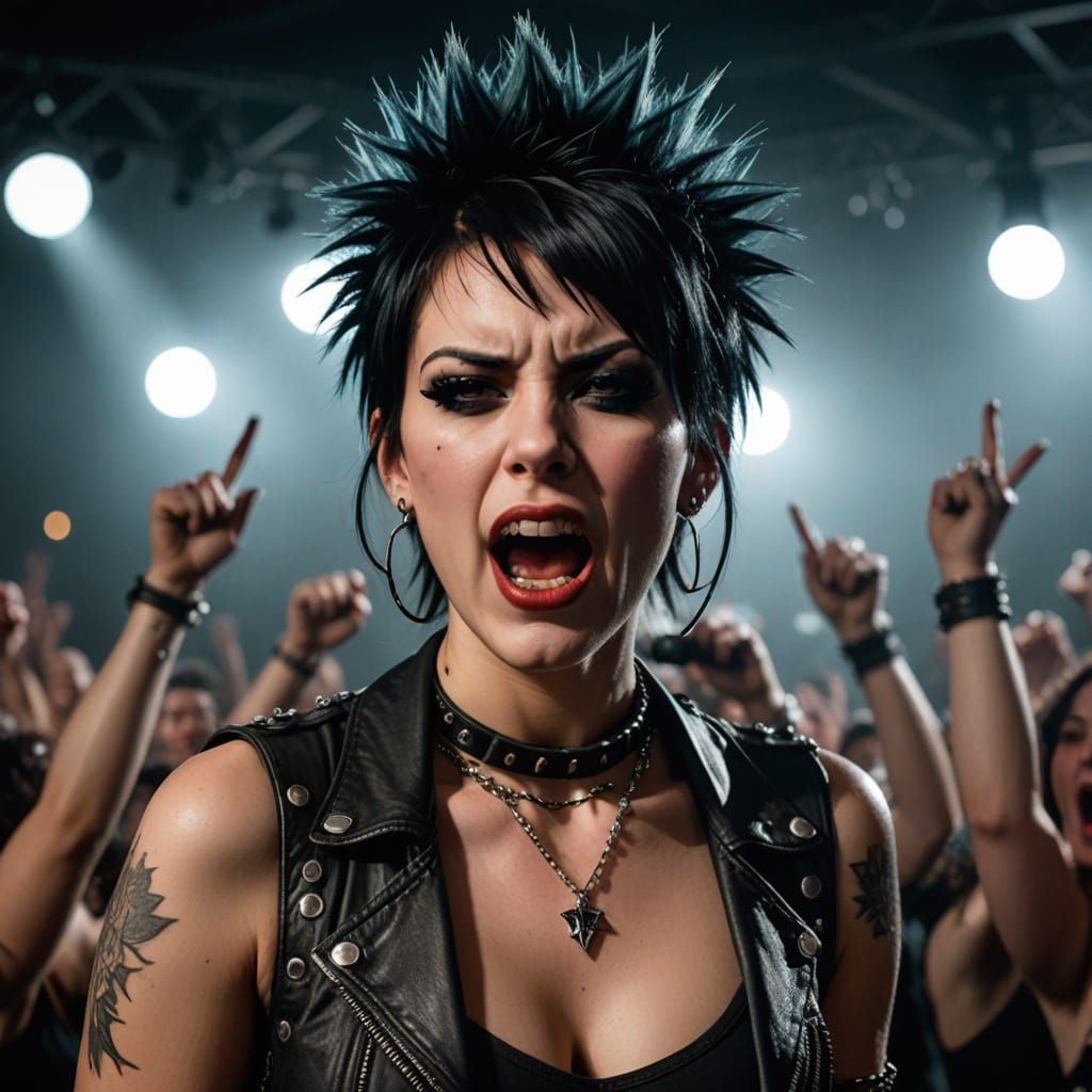 A photorealistic, ultra-detailed half-body portrait of a punk rock ...