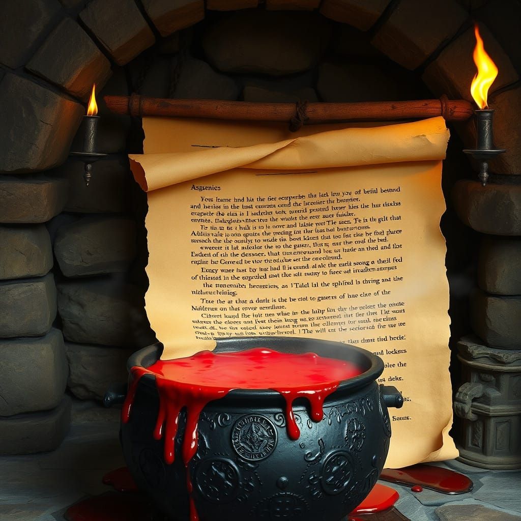 black cauldron with red goop. torn paper scroll above with mysterious ...
