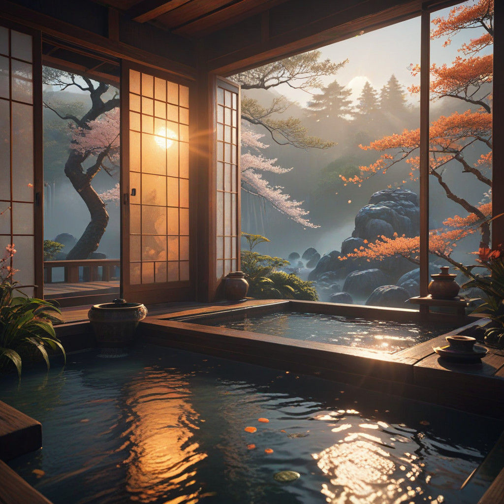 Japanese onsen interior - Serene Samurai onsen Oasis in Whi...