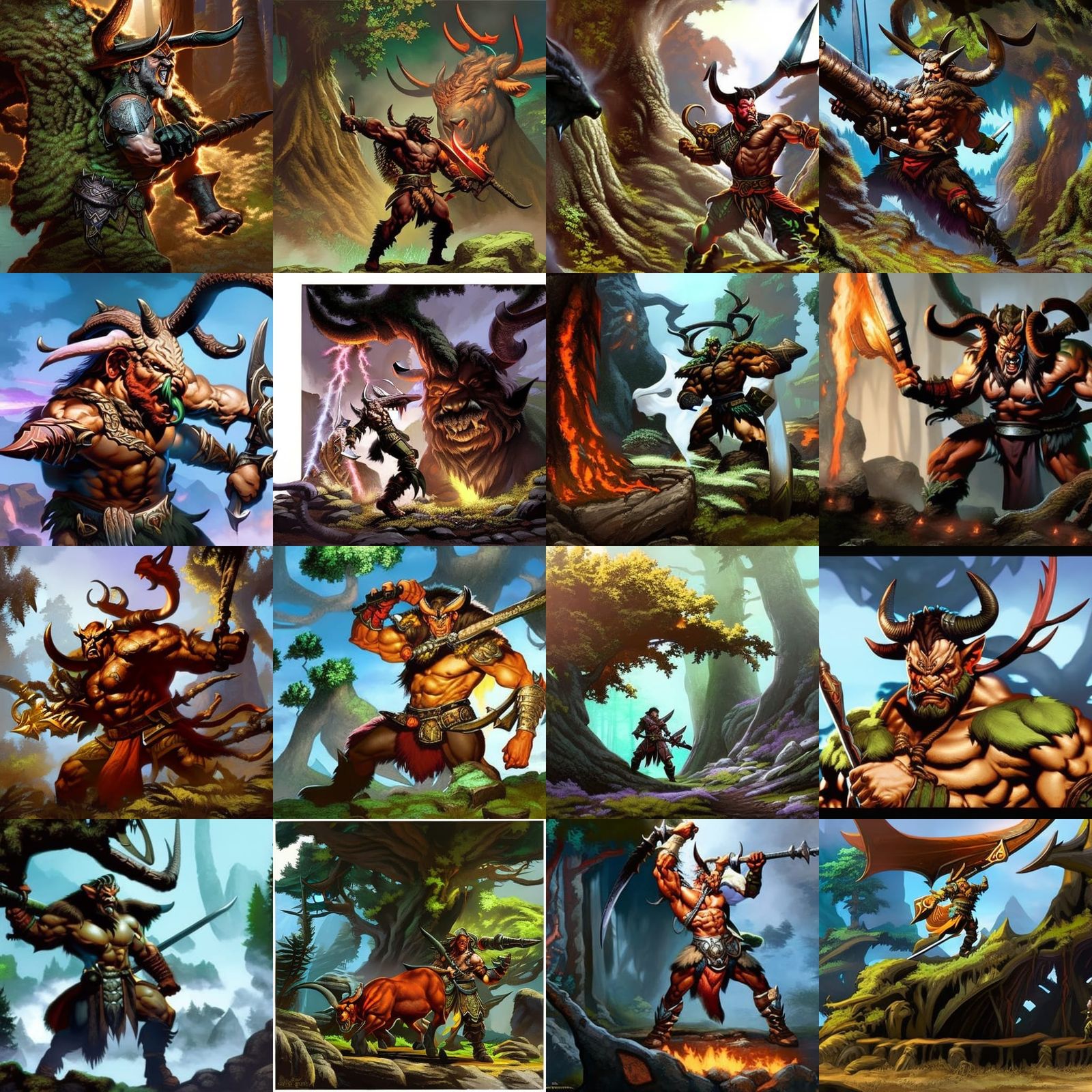 DND character portrait of minotaur barbarian wielding a giant tree branch as a crude weapon ...