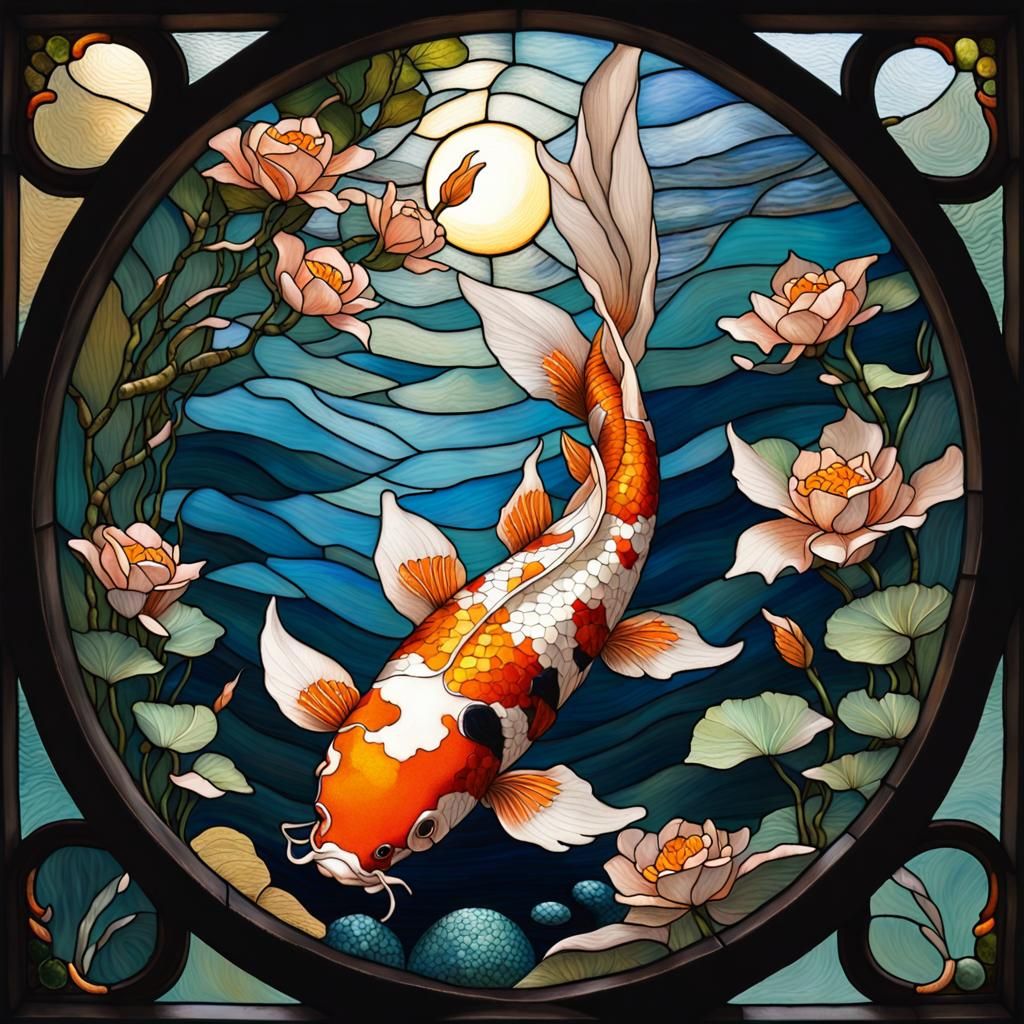Moon and ocean angelic koi fish stained glass window - AI Generated ...