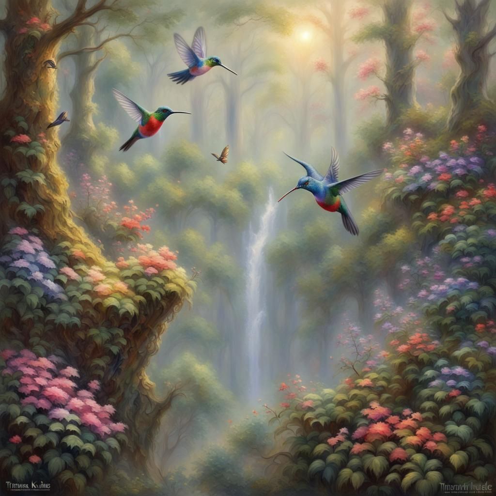 In a Forest magic and peaceful a colibri very detailed with wonderful ...