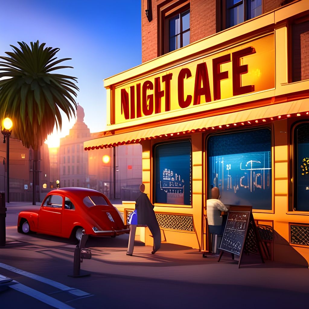 The sign says “NIGHT CAFE” .An inviting cafe for artists, the lights ...
