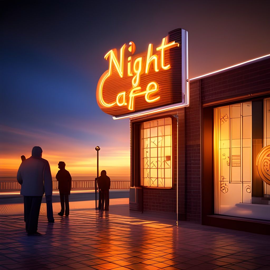The sign says “NIGHT CAFE” .An inviting cafe for artists, the lights ...