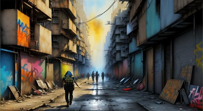 (Police & Thieves:1.3) epic urban slum dramatic masterpiece/watercolor ...