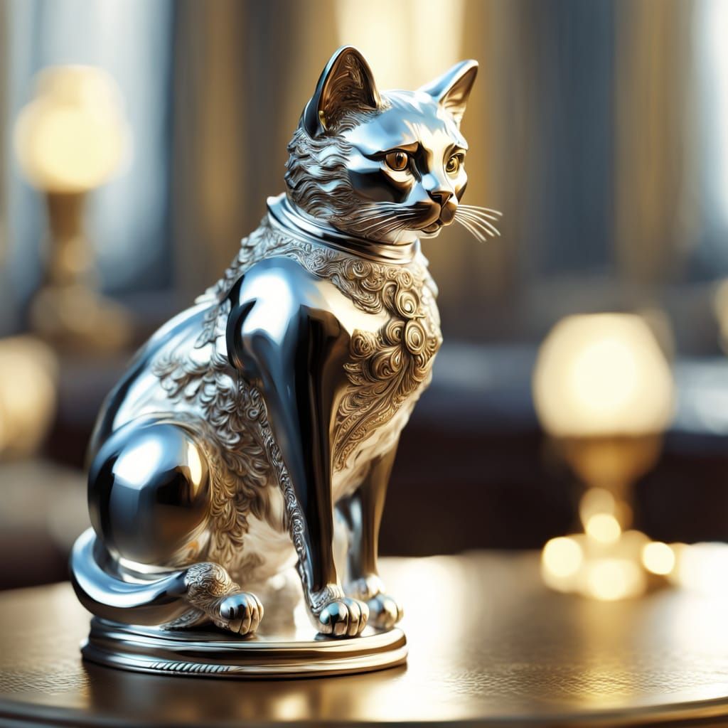 Elegant Chrome Cat Figurine in Oil Painting Style - AI Art