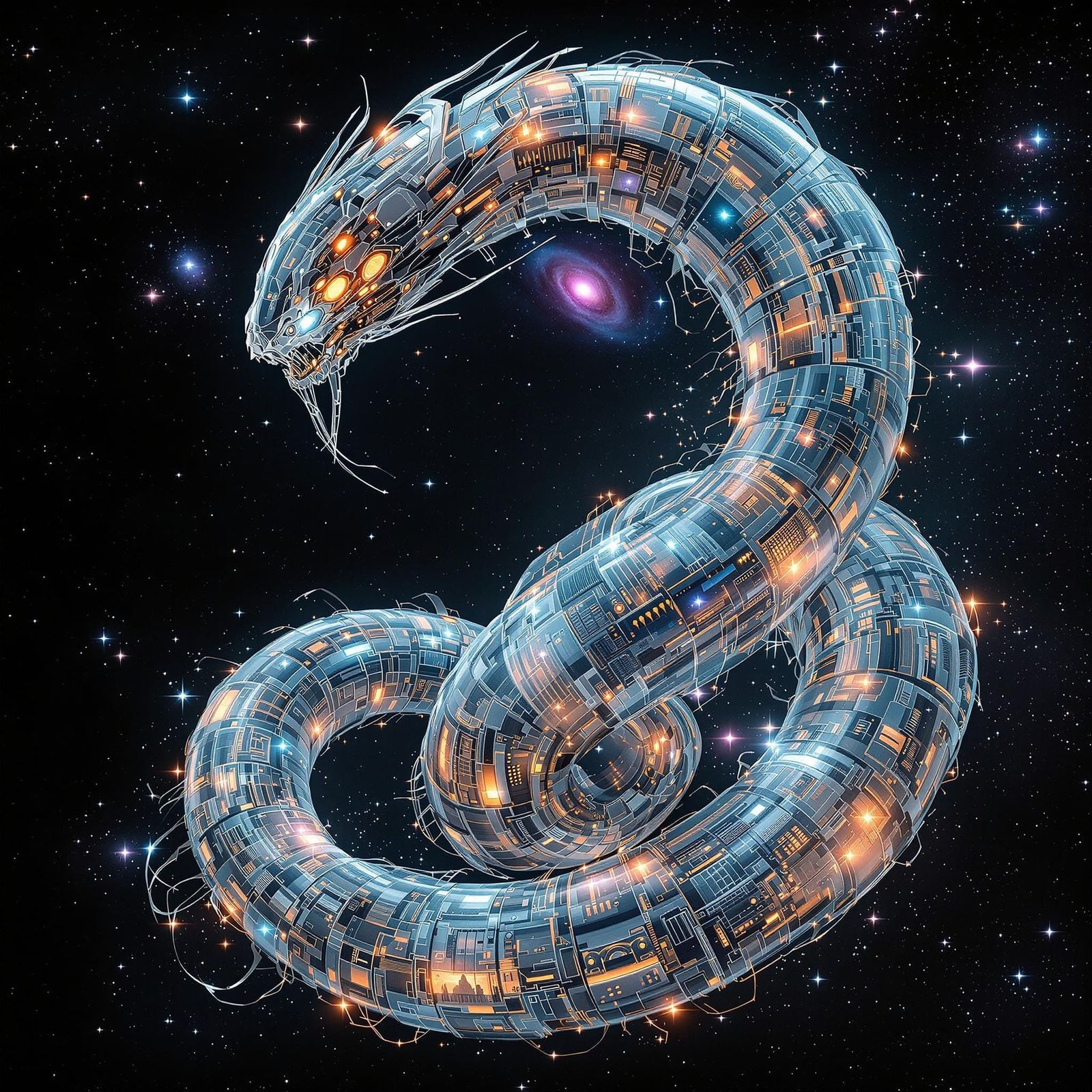 Cybernetic AI Serpent Coils Through Space with Glo... - AI Art