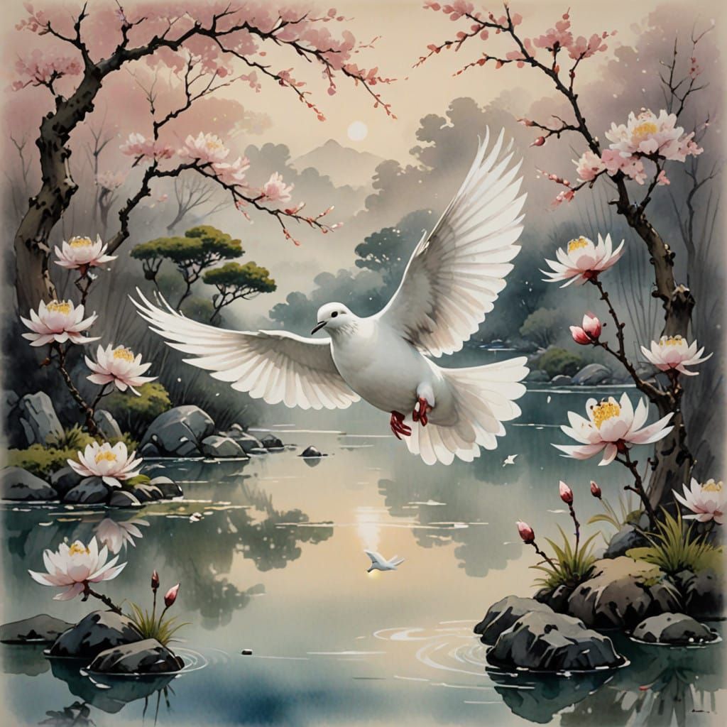 lora:Ethereal Watercolor:1.0 *white dove in flight* wet ink on silk ...