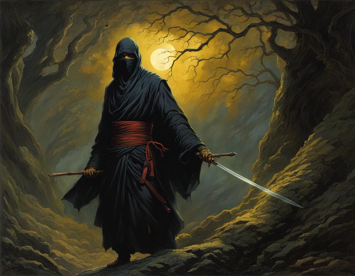 ninja with the aura of mystery hiding in shadows, dark fantasy, horror ...