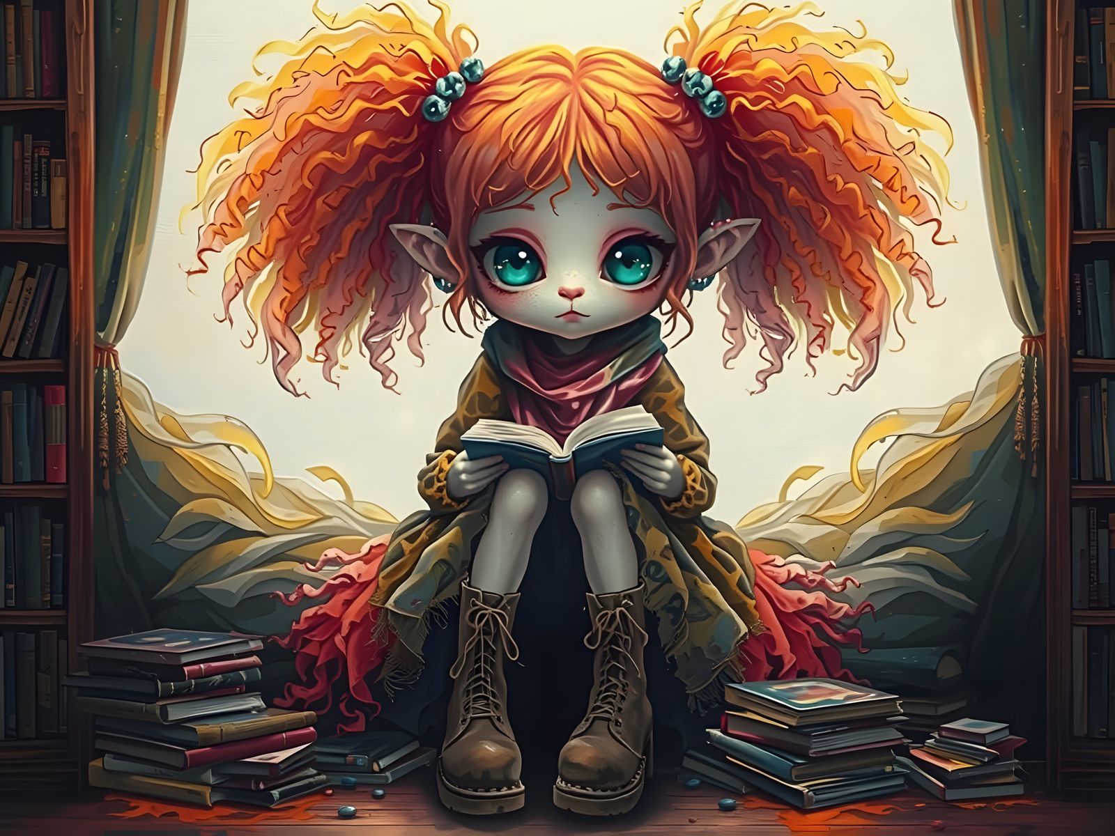 Studious Elf - Surreal Boho Elf in Encaustic Oil Painting