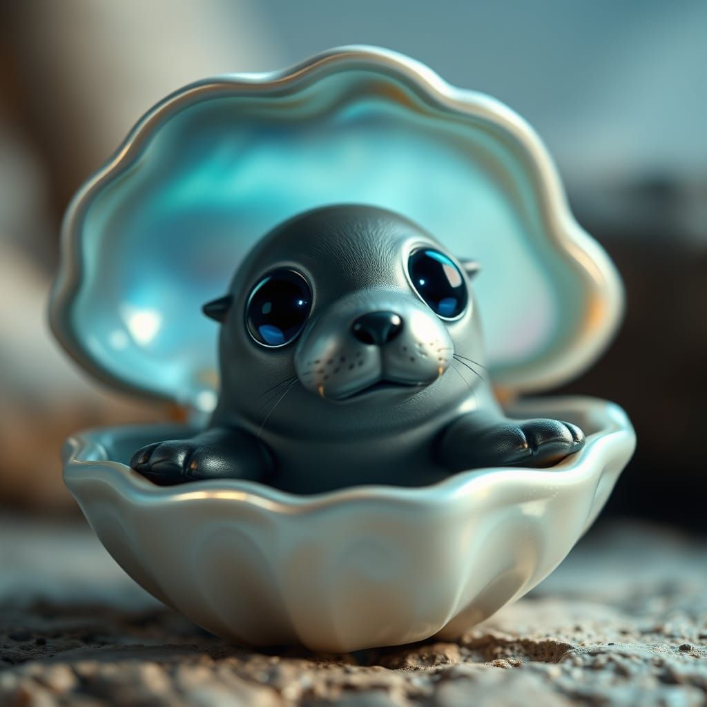 Tiny Seal in Iridescent Holographic Pearl Shell - AI Art