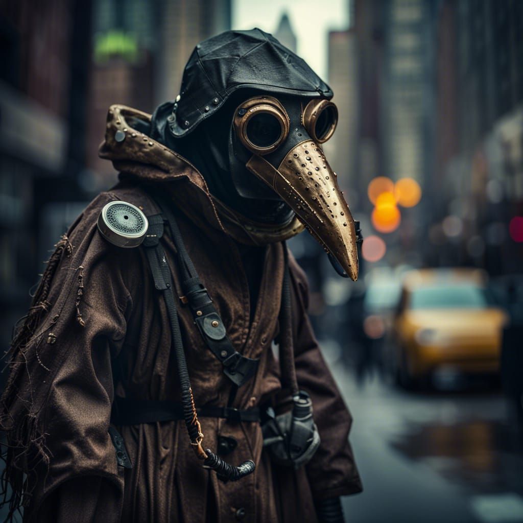 Dystopian plague doctor hazmat suit bird beak respirator in post ...