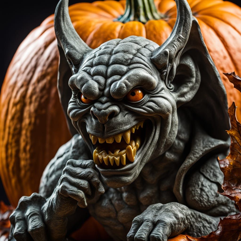 Gargoyle Sculpture with Pumpkin, Hyper-Realistic M... - AI Art