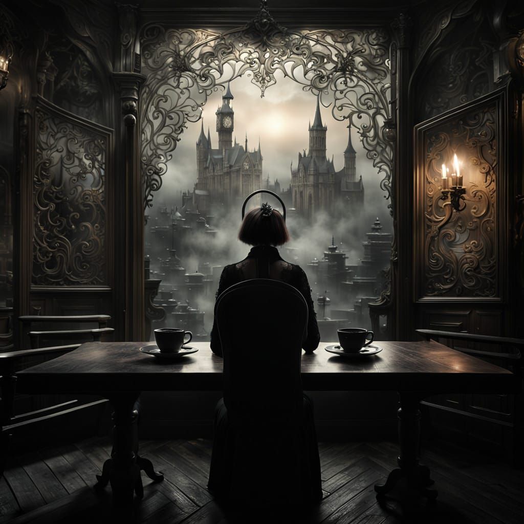 Gothic Woman in Dark, Smoky Coffee Shop - AI Art