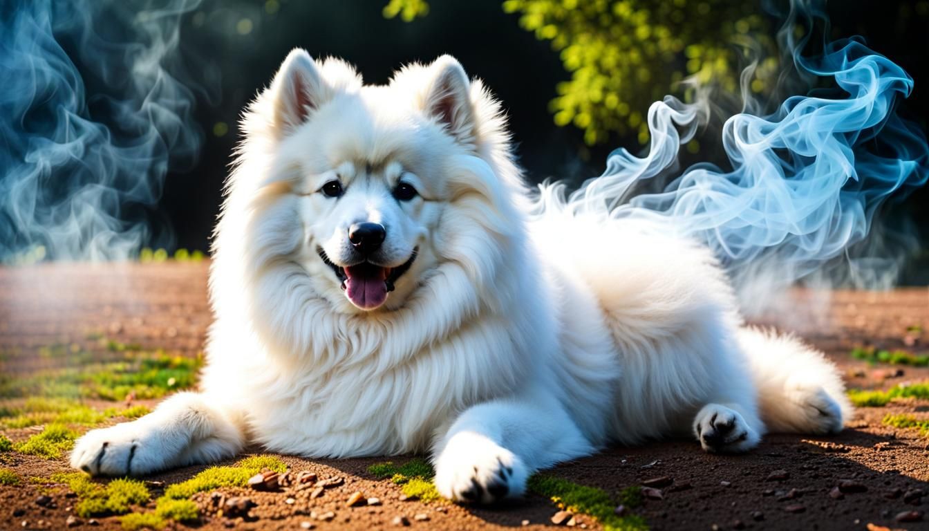 A cute fluffy Samoyed dog entirely made by smoke, hyper details, - AI ...