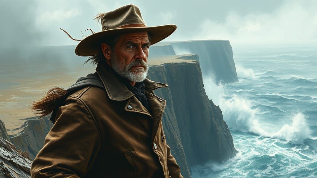 Brooding Hero Stands at Edge of Turbulent Sea - AI Art