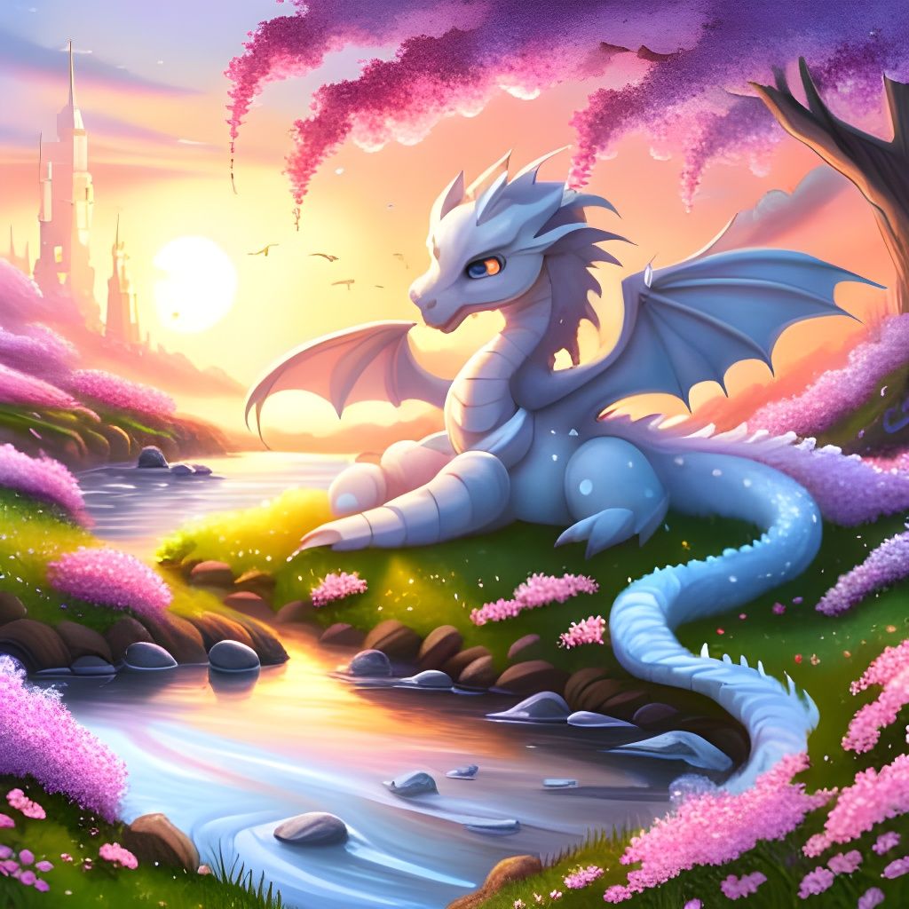 white chibi dragon in a sakura rose flower field full of blooming ...